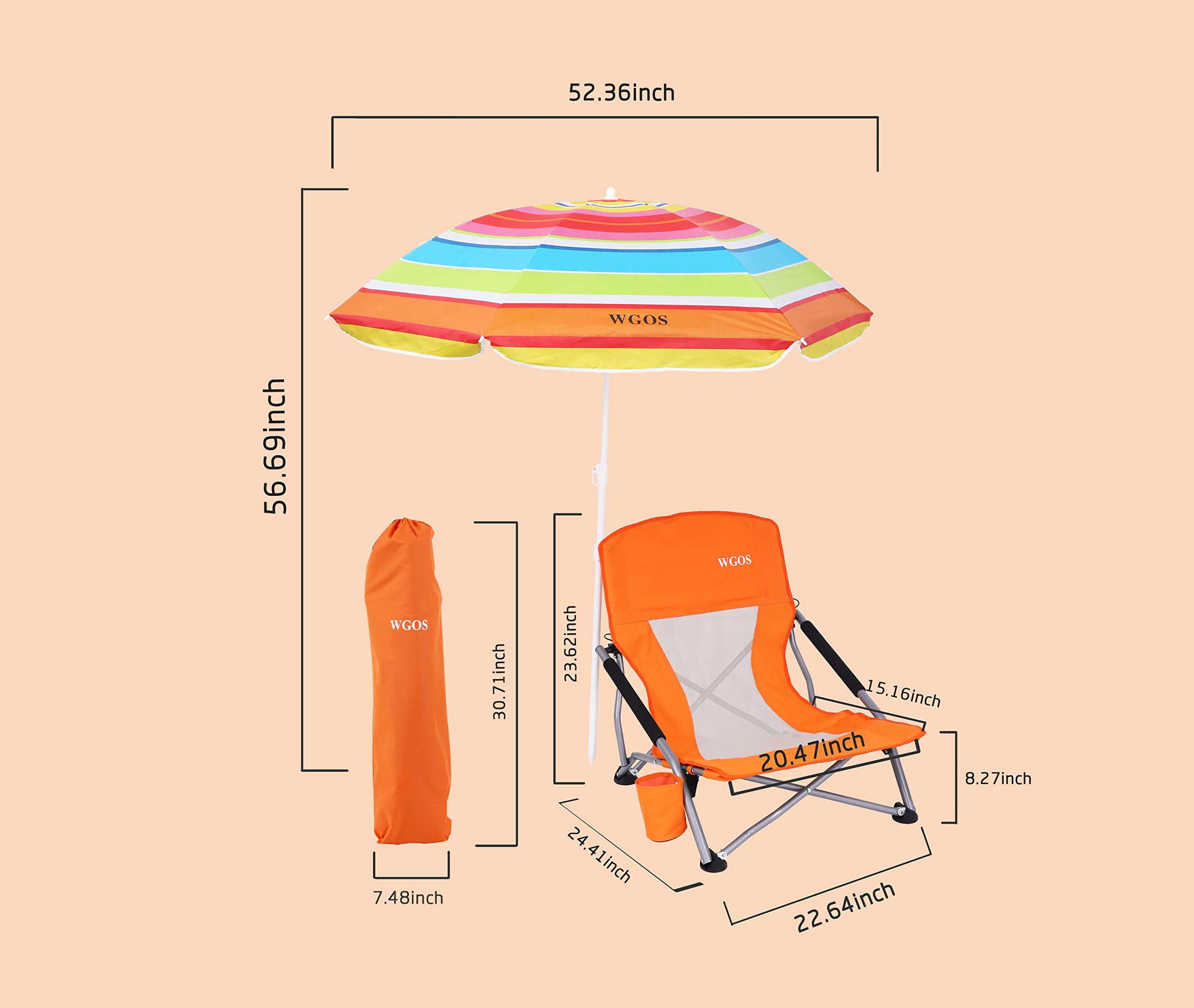 Folding Camping Table Adjustable Card Table 24'' x 16'' (L x W) + Beach Chair with Umbrella for Adults 1-Pack Orange