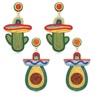 vogueknock 2 pairs cinco de mayo earrings beaded cactus pepper avocado mexican earrings statement holiday party jewelry (cactus avocado)