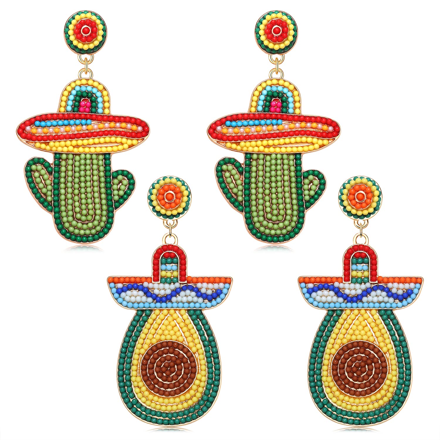 Vogueknock 2 Pairs Cinco De Mayo Earrings Beaded Cactus Pepper Avocado Mexican Earrings Statement Holiday Party Jewelry (Cactus Avocado)