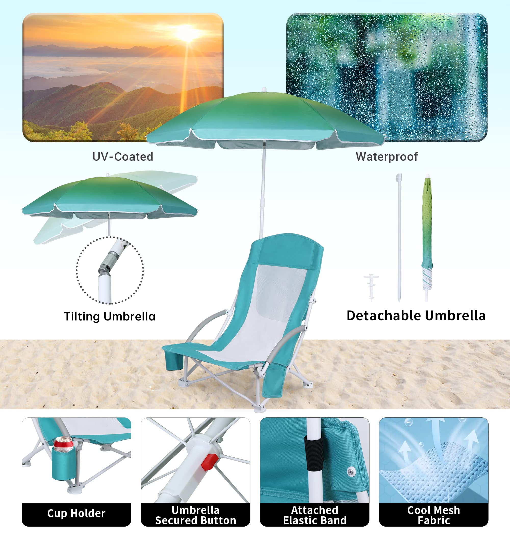 Folding Camping Table Adjustable Card Table 24'' x 16'' (L x W) + Beach Chair with Umbrella & Cooler for Adults 1-Pack Green with a hint Blue