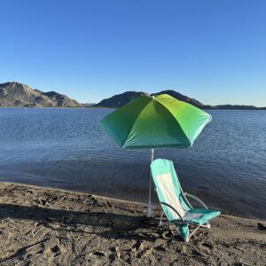 Folding Camping Table Adjustable Card Table 24'' x 16'' (L x W) + Beach Chair with Umbrella & Cooler for Adults 1-Pack Green with a hint Blue