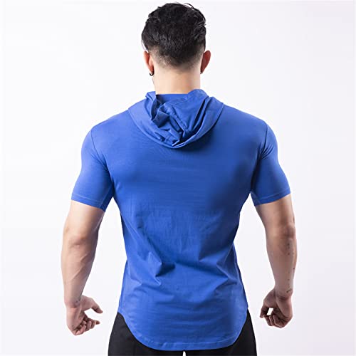 Mens Fashion Workout Hipster Hooded Short Sleeve Lightweight Soft Cotton Moisture Top Fishing Hiking Running Workout T-Shirts (Blue,Large)