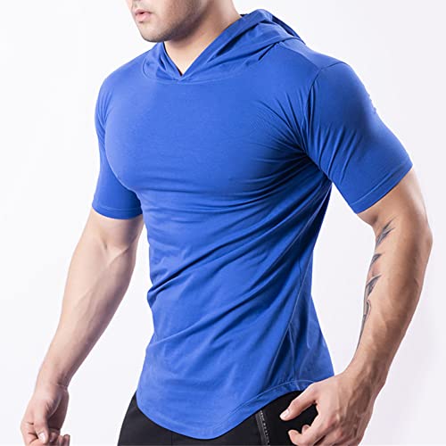 Mens Fashion Workout Hipster Hooded Short Sleeve Lightweight Soft Cotton Moisture Top Fishing Hiking Running Workout T-Shirts (Blue,Large)