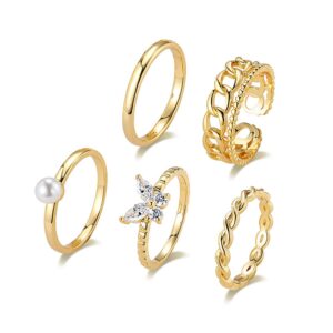 opalead 5pcs 14k gold plated women rings set stacking knuckle rings set for women cubic zirconia butterfly vintage pearl thin gold rings size 6-10 (6)