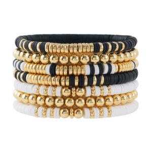 pychee surfer heishi bracelets set for women stackable gold clay ploymer bead stretch bracelets summer beach layering black bracelets jewelry (a-black&white 7pcs)