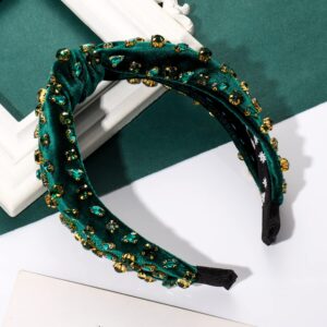 CENAPOG St Patrick's Day Rhinestone Knotted Headband for Women Green Crystal Embellished Hairbands Twist Turban Headband Elastic Wide Velvet Hair Hoop Party Holiday Headwear for Girls (Green)