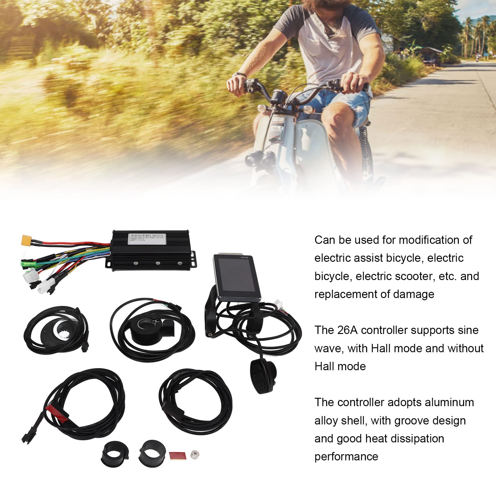 SPYMINNPOO Electric Bike Controller Kit,24V 36V 48V 26A 3 Mode Bicycle Scooter 500W 750W Motor Controller with GD06 Display Power Assist Sensor Thumb Throttle