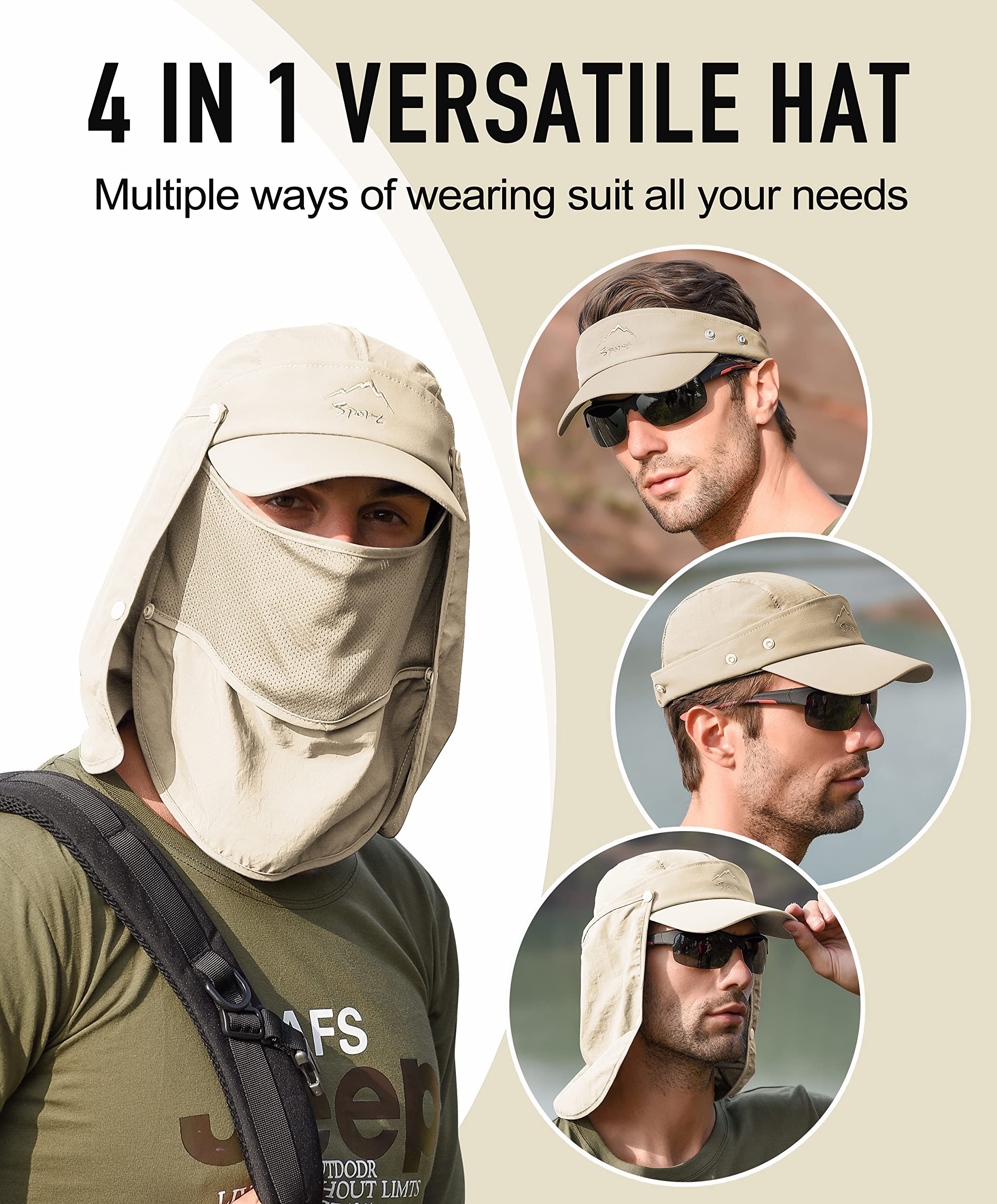 Koreshion Men Women Fishing Hat Outdoor UV Protection Sun Hat 4 in 1 Summer Hat Baseball Cap Visor Hat with Removable Mesh Face Cover & Neck Flap Beige