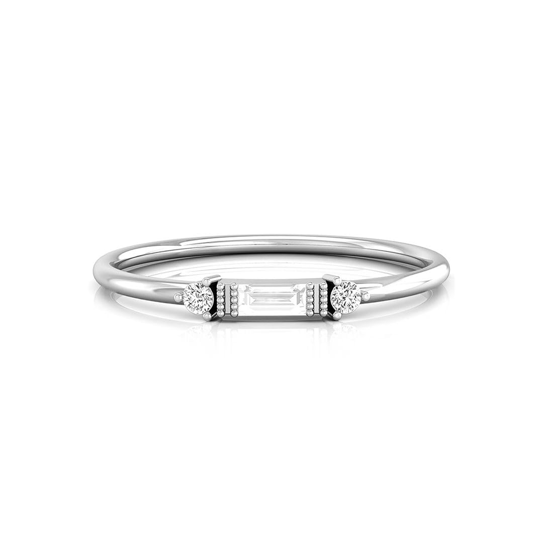 0.10CT Baguette & Round Brilliant Cut Lab Grown Diamond Three Stone Minimalist Ring In 10K White Gold (E-F, VVS-VS) 6.5US