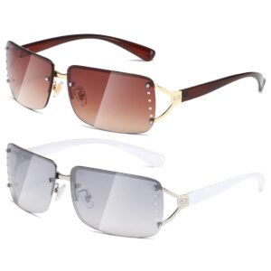 kimorn rectangle sunglasses for women men stylish rimless frameless trendy retro sun glasses 90’s vintage square frame k1314 (gradient brown & light mirror silver)