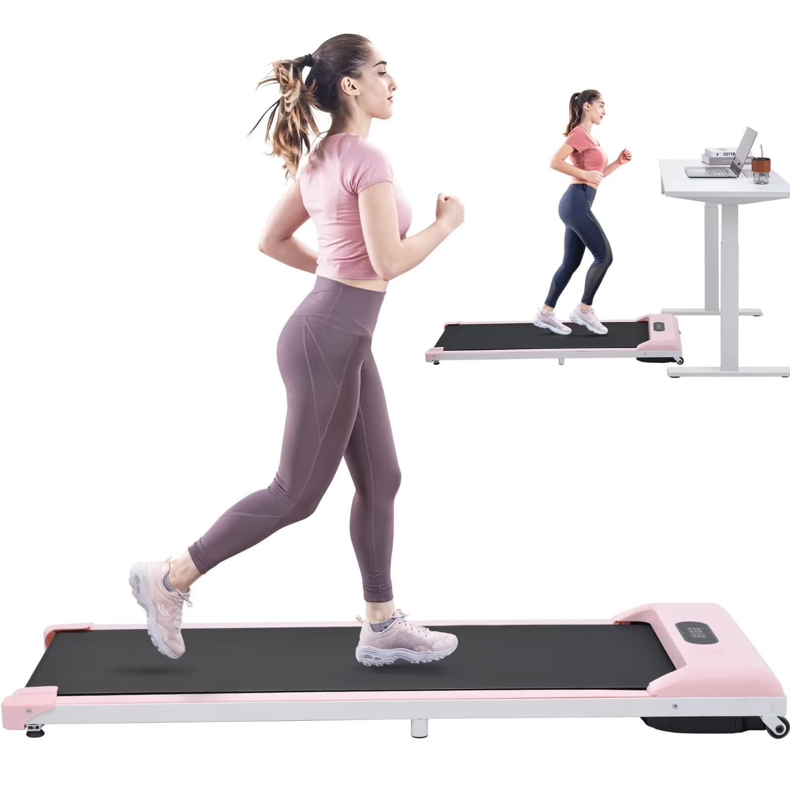 Merax Under Desk Treadmill Quiet, 2 in 1 Walking Pad Treadmill Under Desk for Office Home Use, Portable Desk Treadmill with Remote Control, LED Display for Walking and Jogging, Pink