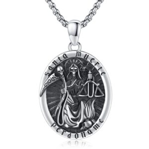 la santa muerte necklace 925 sterling silver mexican grim reaper pendant amulet protection santa muerte skull jewelry gift for men women (silver)