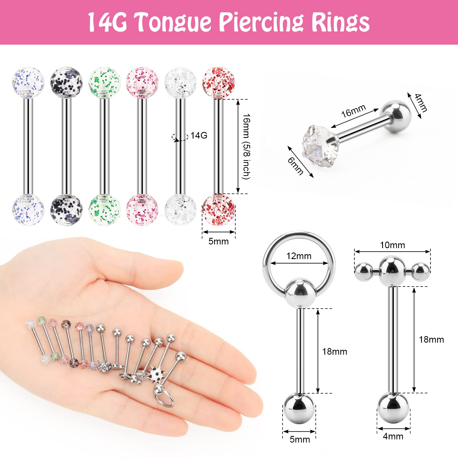 CrazyPiercing Assorted Tongue Rings, 14G Stainless Steel Tongue Piercing Rings Assorted Barbell bar Nipple Cute Tongue Rings for Women Men（13PCS）