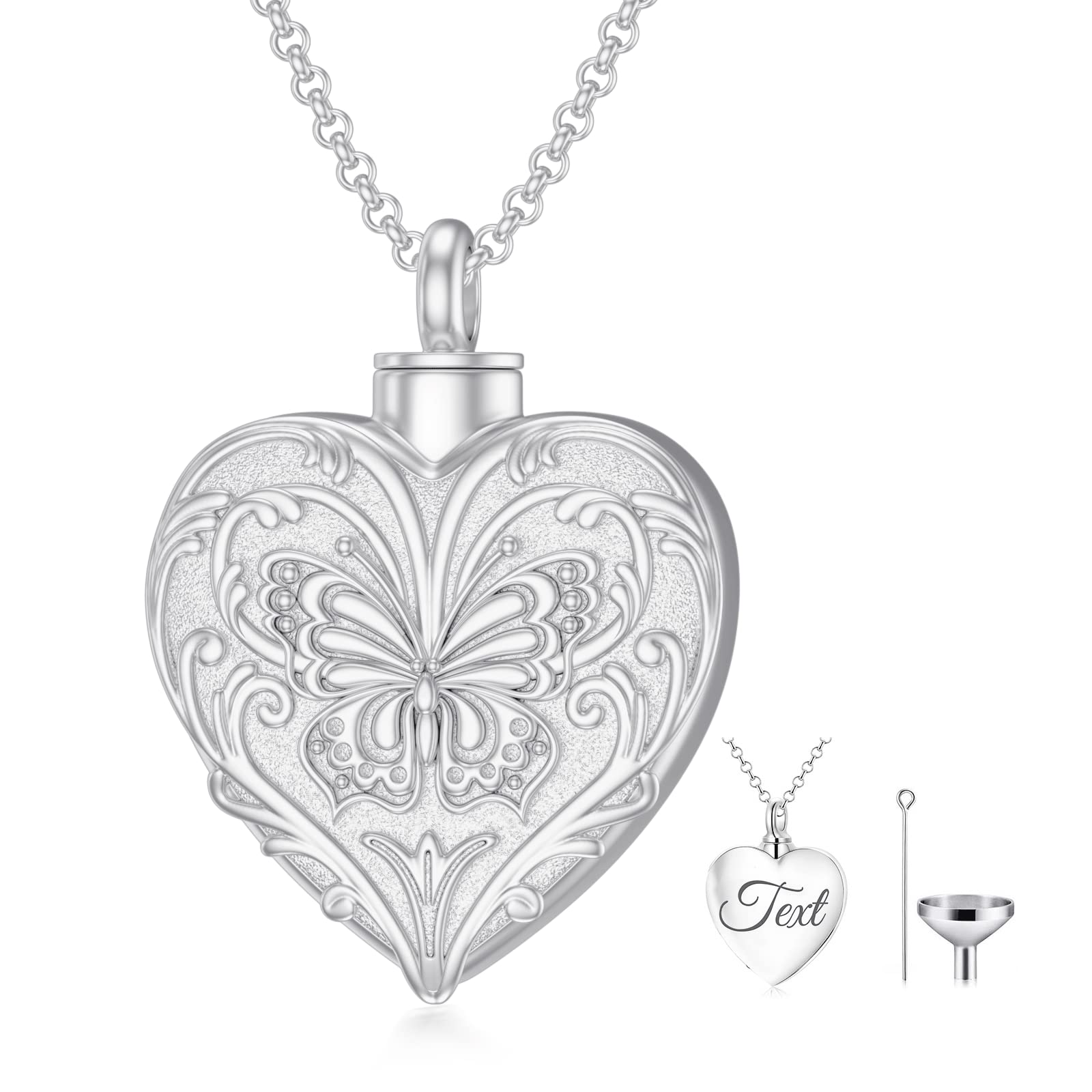 SOULMEET Personalized 10k 14k 18k Solid White Gold/Plated White Gold Butterfly Cremation Locket Necklace for Ashes, Engraving Butterfly Urn Necklace That Holds Human Dog Cat Ashes (Custom Text)