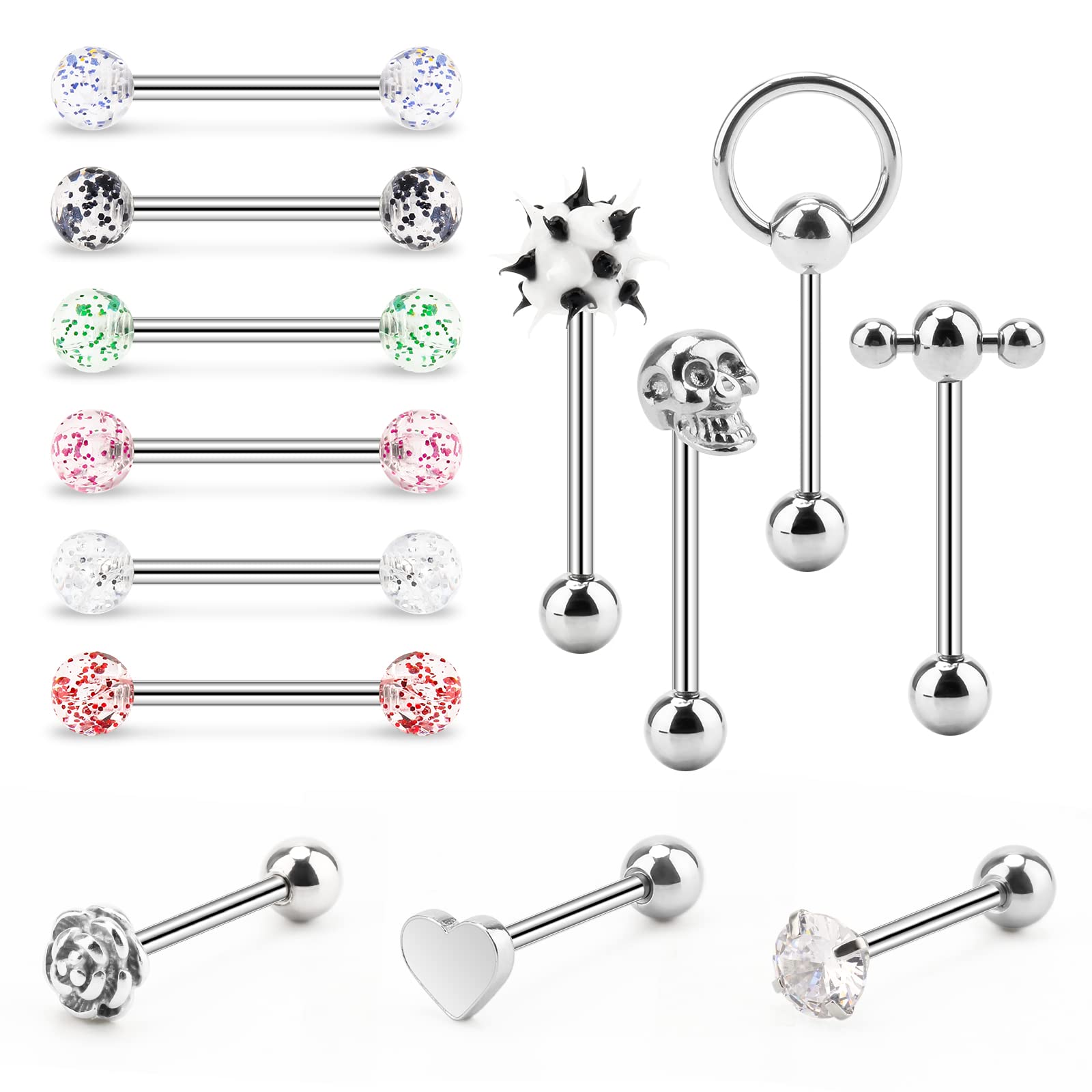 CrazyPiercing Assorted Tongue Rings, 14G Stainless Steel Tongue Piercing Rings Assorted Barbell bar Nipple Cute Tongue Rings for Women Men（13PCS）