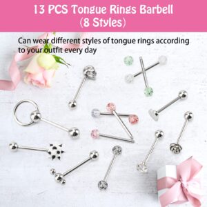 CrazyPiercing Assorted Tongue Rings, 14G Stainless Steel Tongue Piercing Rings Assorted Barbell bar Nipple Cute Tongue Rings for Women Men（13PCS）