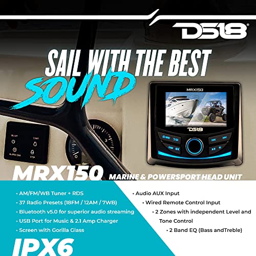 DS18 MRX150 Marine and Powersports Head Unit 3” Color Display, AM/FM/WB RDS Radio Receiver, Gorilla Glass, Waterproof IPx6 Rated, BT, USB, AUX - Great for Boats Audio, ATV, UTV, SXS & Golf Cart