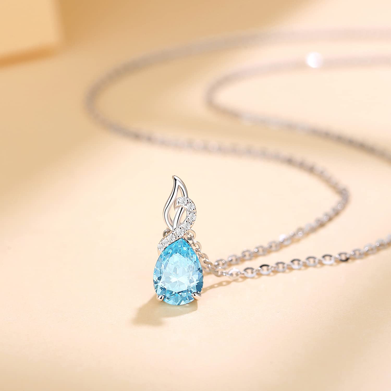 FANCIME Aquamarine Necklace March Birthstone Necklace 14K Solid White Gold Teardrop Pendant with Diamond Birthday Gifts Jewelry for Mom Women