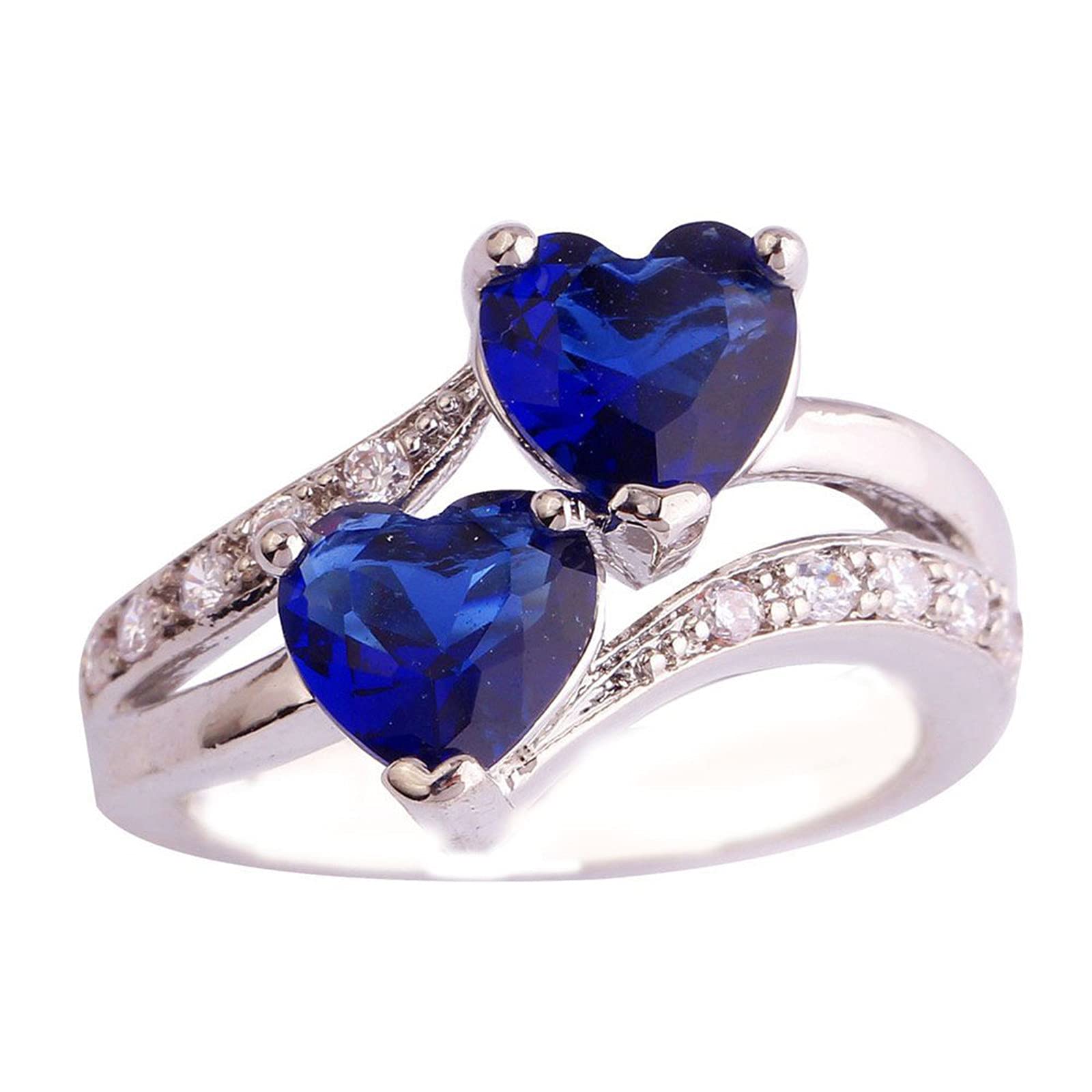 Women's Double Heart Ring Cubic Zirconia Engagement Ring Simulated Diamond Hollow Anniversary Bridal Wedding Band (Royal Blue, 11)