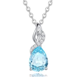 fancime aquamarine necklace march birthstone necklace 14k solid white gold teardrop pendant with diamond birthday gifts jewelry for mom women