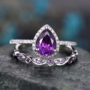 riqingy shining crystal ring kits fashion drop shape zirconia rings set amethyst teardrop ring engagement wedding ring sets