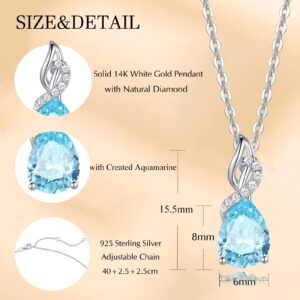 FANCIME Aquamarine Necklace March Birthstone Necklace 14K Solid White Gold Teardrop Pendant with Diamond Birthday Gifts Jewelry for Mom Women