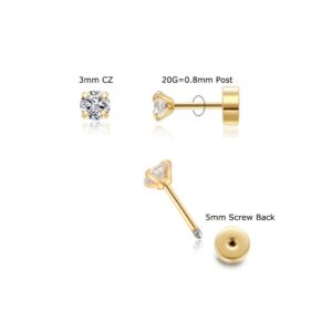 3mm Tiny CZ Screw on Flat Back Stud Earrings,Gold Plated Flat Back Cubic Zirconia Earrings for Helix Cartilage Tragus Earlobe Piercing Jewelry Gift for Women Men(3mm CZ, Gold)