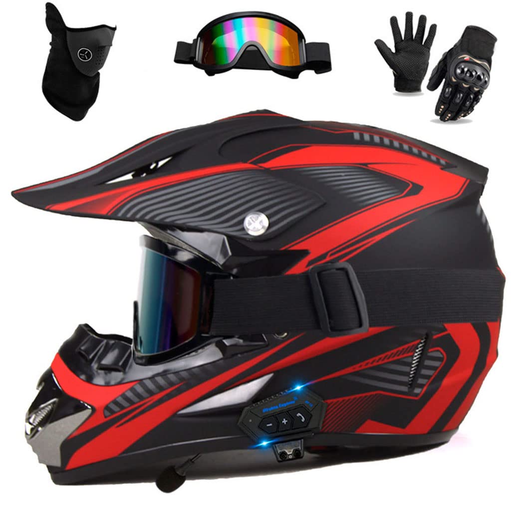 Bluetooth Off-Road Motocross Helmet with Gloves Goggles Mask Dirt Bike Motorcycle Helmet DOT/ECE Approved Mountain Bike Helmet, ATV MTB Four Wheeler Racing Downhill Full Face Helmet-C-Large