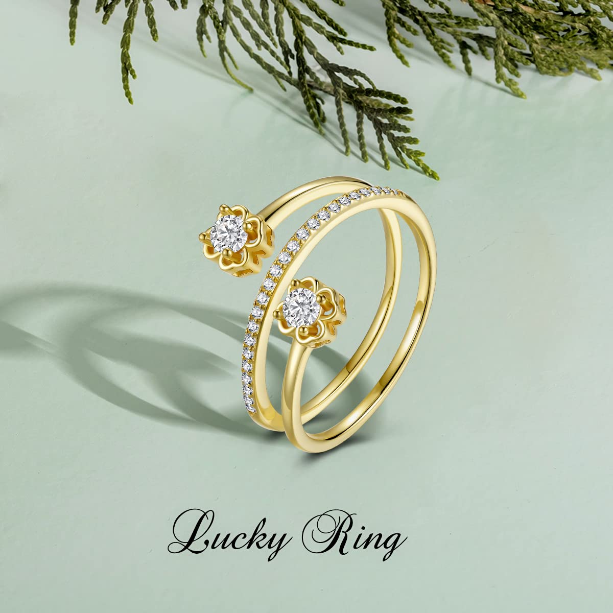 FOREVER QUEEN Four Leaf Clover Ring 925 Sterling Silver Adjustable Lucky Braided Wrap Wave Stacking Promise Statement Cocktail Party Ring,Gold