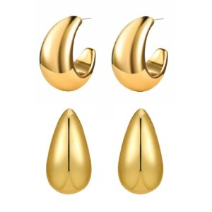 chunky gold stud half hoop earrings, 2 pairs long waterdrop earrings for women open hoop with 14k gold filled hypoallergenic jewelry for women (gold)