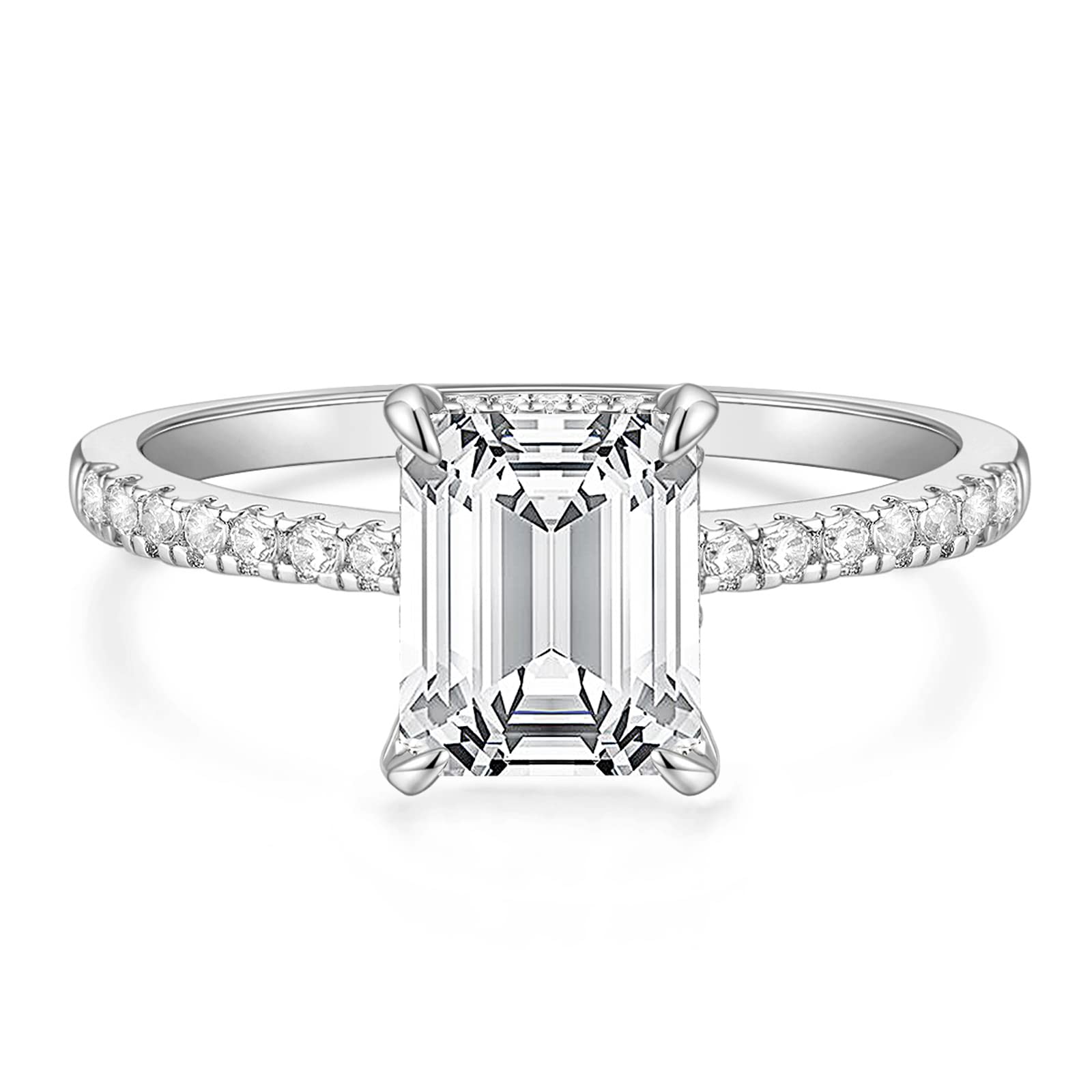 TIGRADE 3CT Engagement Ring for Women Emerald Cut Cubic Zirconia Wedding Band CZ Promise Wedding Ring Size 4-11, Silver, Size 7.5