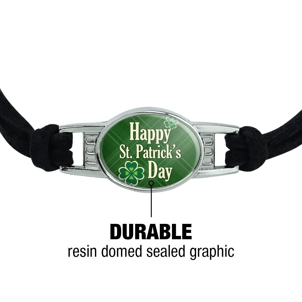 Happy St. Patrick Day Novelty Suede Leather Metal Bracelet - Black