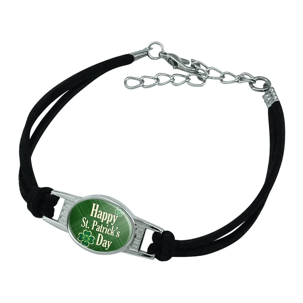 Happy St. Patrick Day Novelty Suede Leather Metal Bracelet - Black