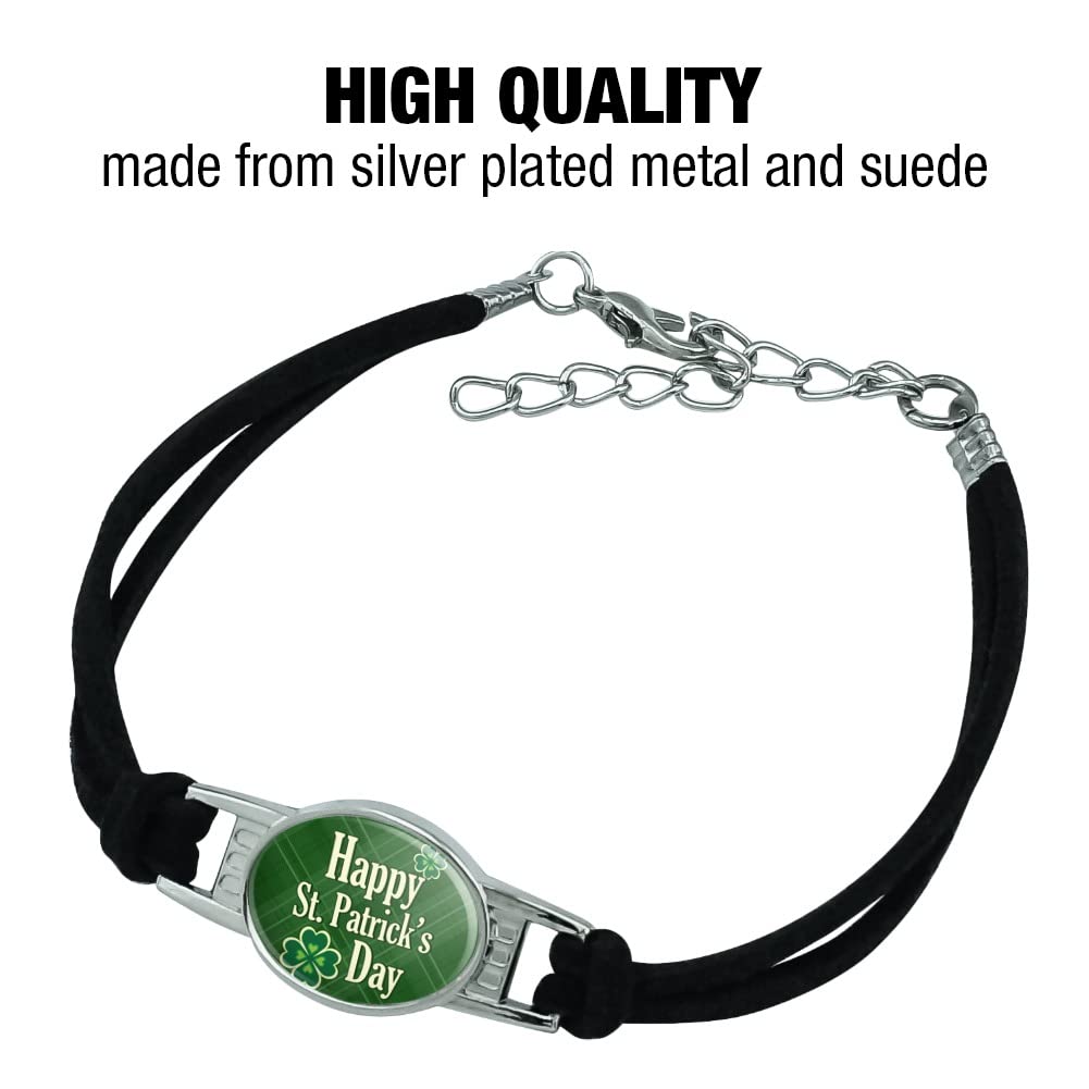 Happy St. Patrick Day Novelty Suede Leather Metal Bracelet - Black