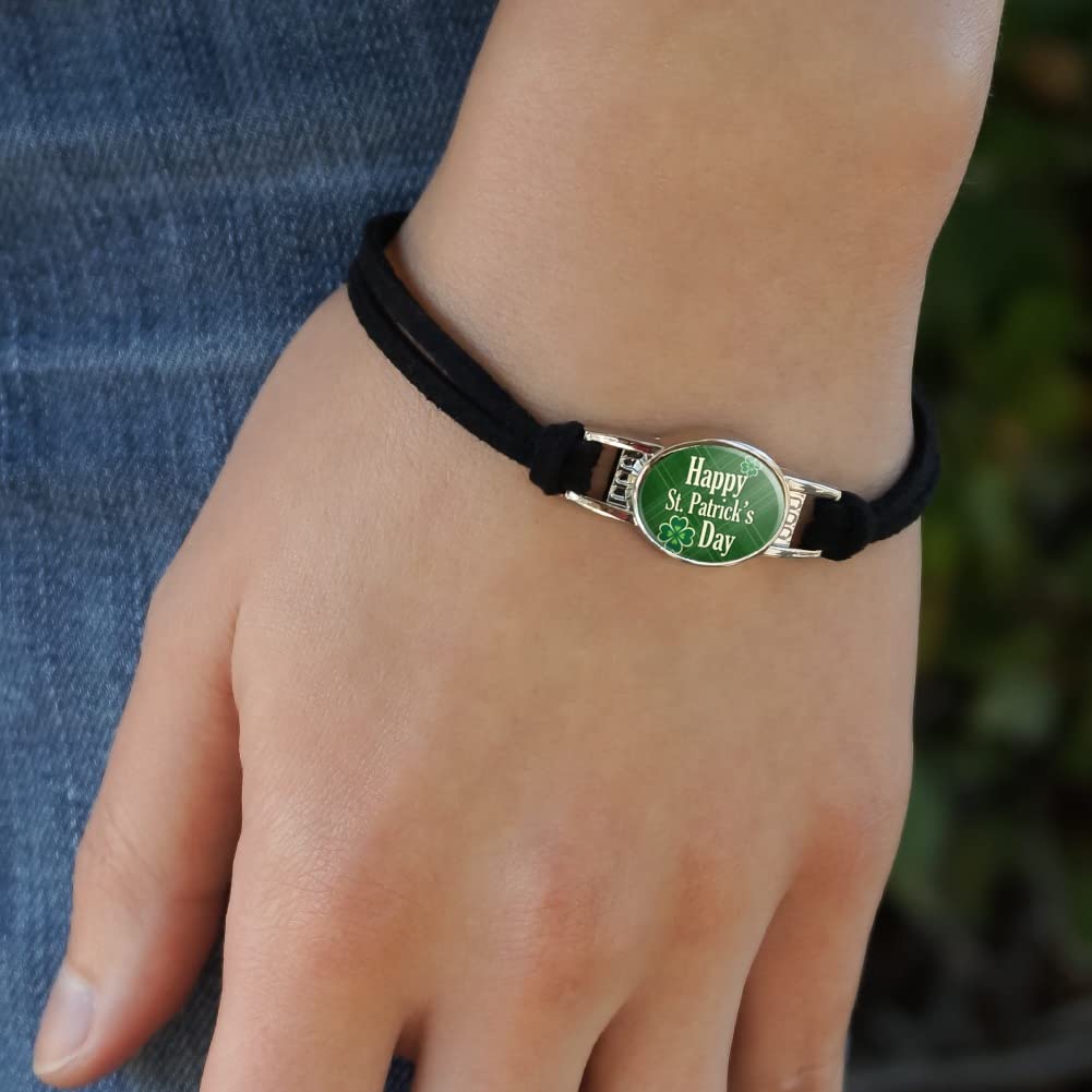 Happy St. Patrick Day Novelty Suede Leather Metal Bracelet - Black