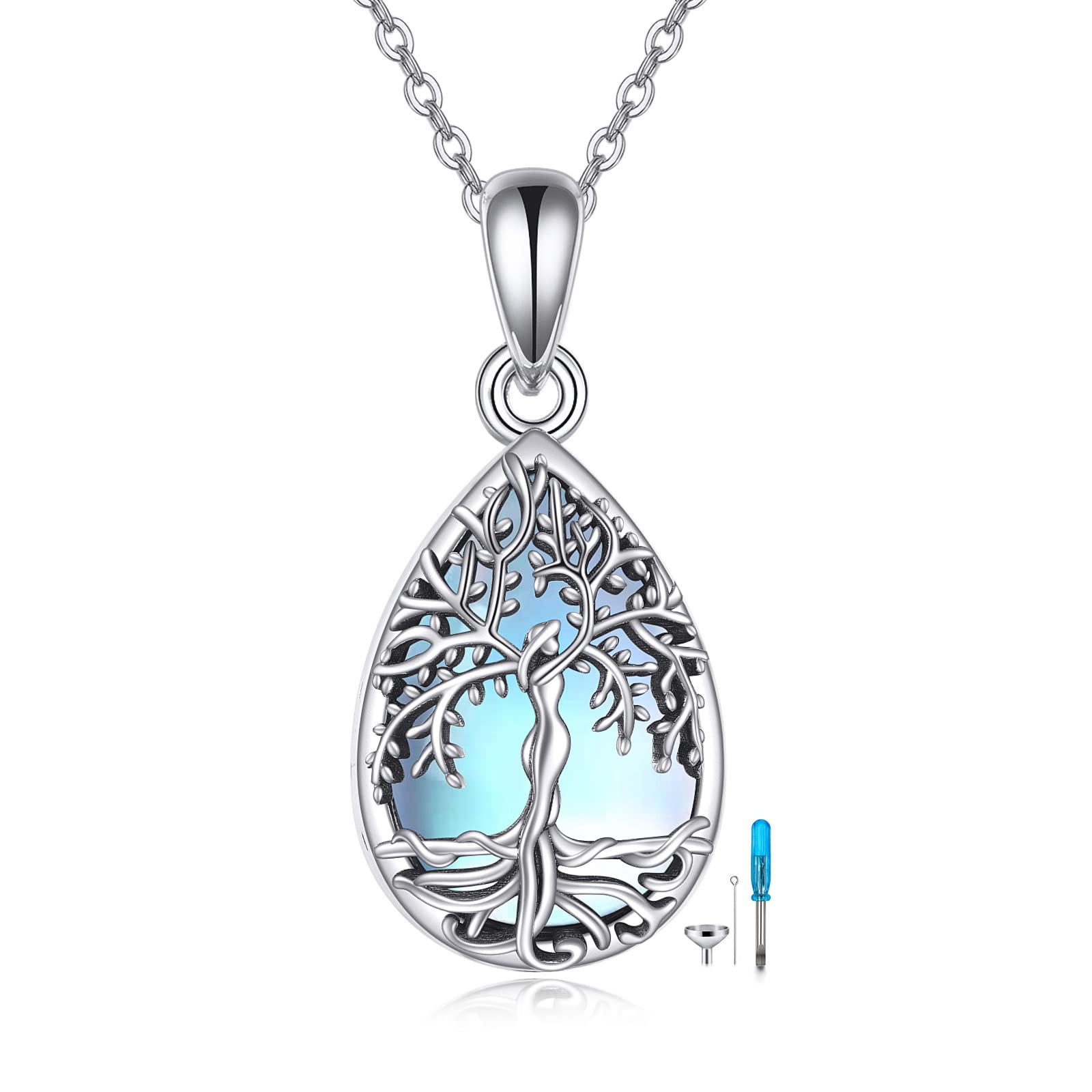 ONEFINITY Tree of Life Urn Necklace for Ashes Sterling Silver Moonstone Cremation Necklace for Ashes Keepsake Memory Jewelry for Women