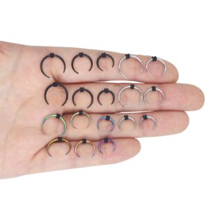 YOFANST 16g Stainless Steel Crescent Pincher Septum Rings C Shape Buffalo Horseshoes Taper Set, 9 Pairs