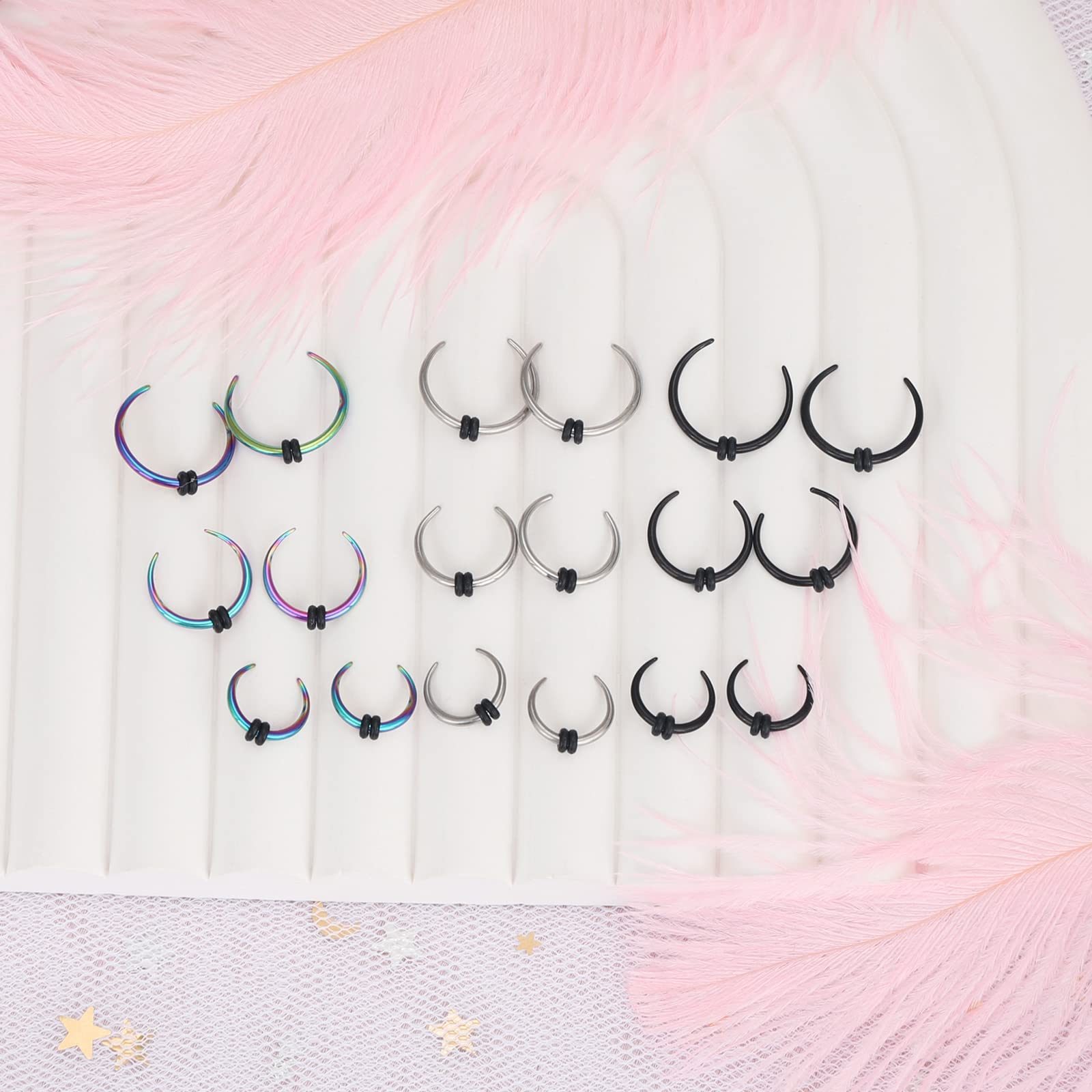 YOFANST 16g Stainless Steel Crescent Pincher Septum Rings C Shape Buffalo Horseshoes Taper Set, 9 Pairs