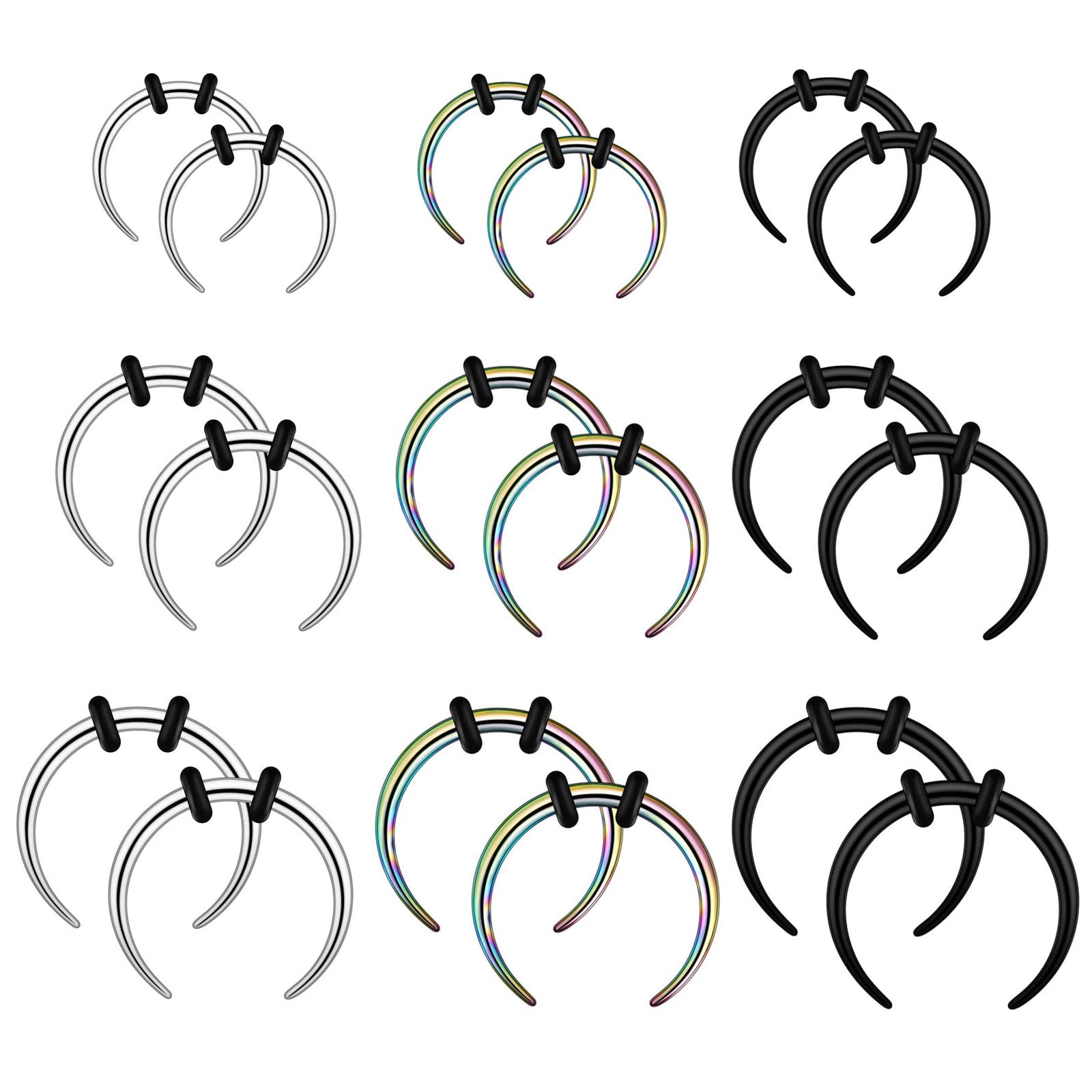 YOFANST 16g Stainless Steel Crescent Pincher Septum Rings C Shape Buffalo Horseshoes Taper Set, 9 Pairs