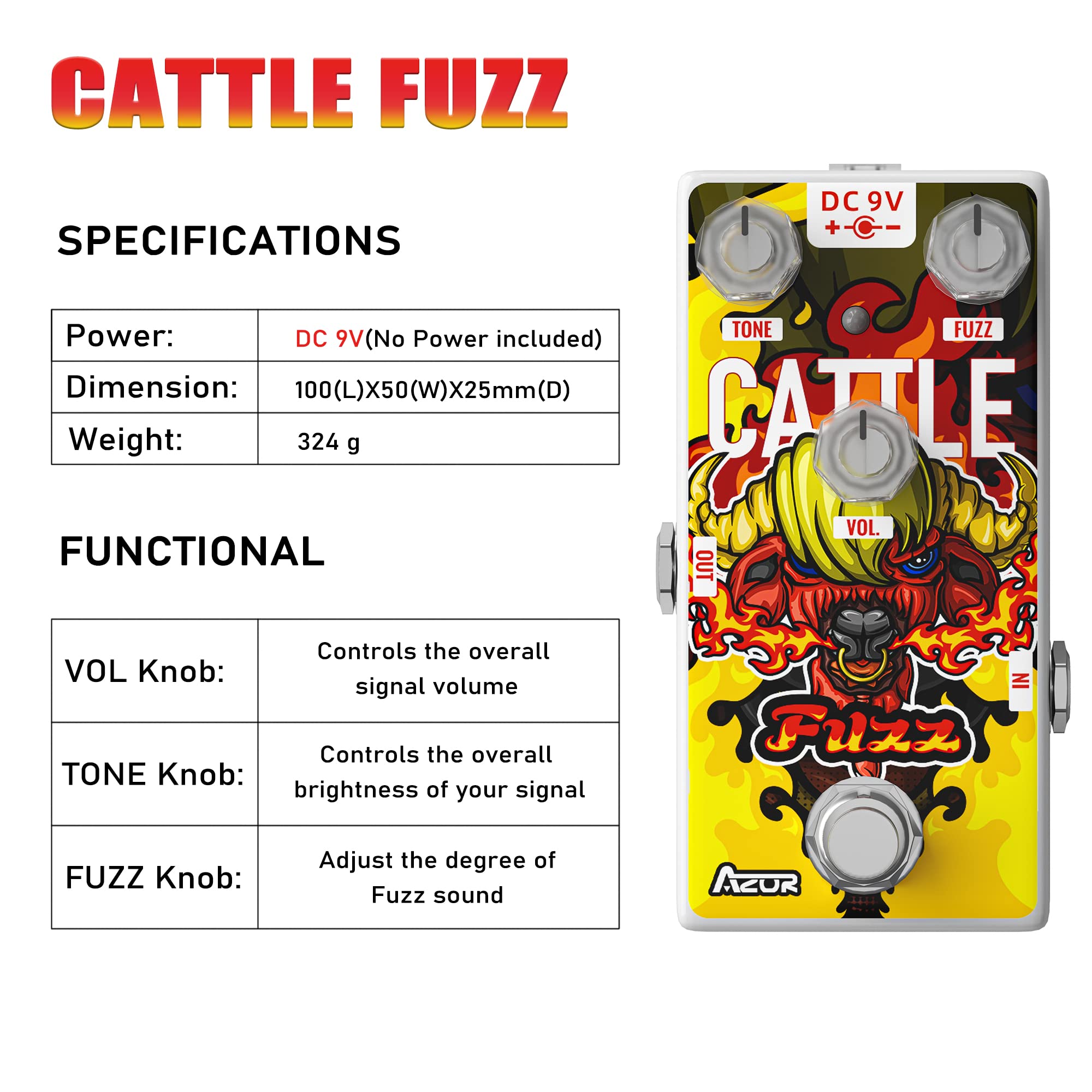 AZOR Fuzz Pedal Cattle Stylish Fuzz Guitar Effect Pedal with Pedal Power Cable,9V Battery Clip Converter Power Cable Snap Connector for Guitar Effects Pedal