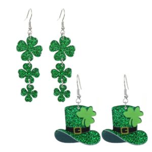 2 pairs st. patrick's day earrings for women, easter day earrings irish shamrock acrylic dangle earrings green hat clover beer horseshoe bunny drop earrings