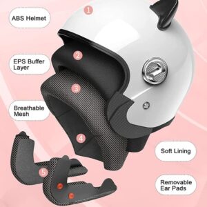 Cool Girl Motorcycle Half Helmet, Vespa Cat Ear Helmet Vintage Open-Face 3/4 Moped Helmet for Youth Men Women Scooter ATV Cruiser Helmets, DOT Approved Light Quick Buckle Helmet -B-50-64CM