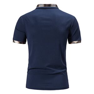 Golf Polo Shirt for Men Summer Short Sleeve Cotton Pique Classic Contrasting Plaid Collar T-Shirt with Pocket(Navy,Large)