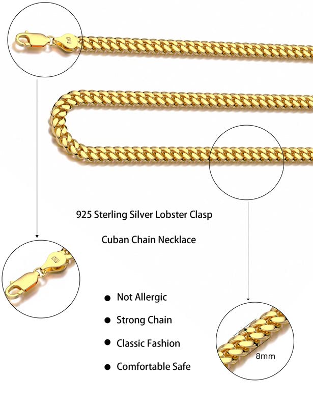 Waitsoul 925 Sterling Silver Cuban Chain Lobster Clasp 8mm 18K Gold Over Cuban Link Curb Chain Necklace for Women Men Diamond Cut 20 Inches