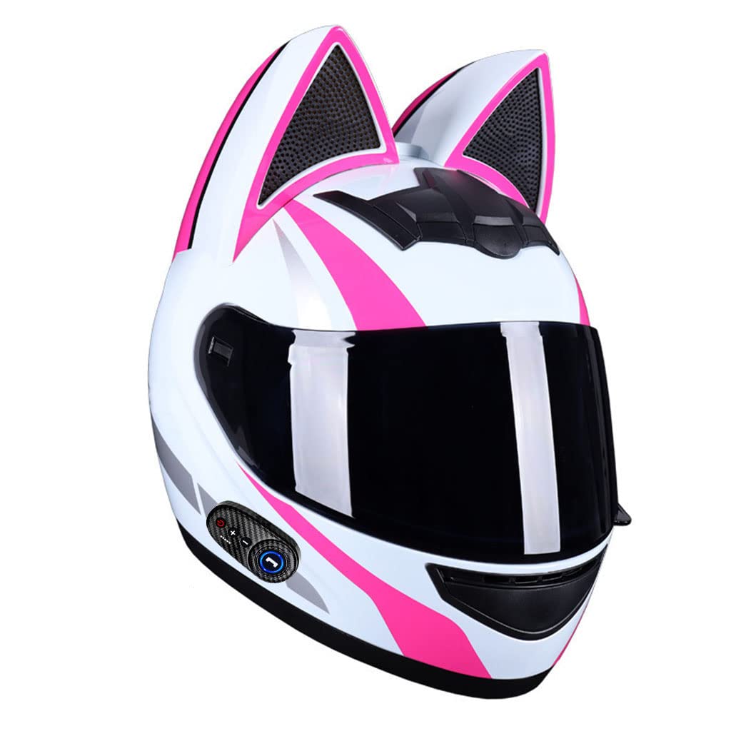 Beautiful Girl Bluetooth Cat Ear Motorcycle Full Face Helmet, Flip up Modular Offroad Motorbike Helmet DOT Approved Built-in Mp3 Integrated for Adults Men Women ATV Bike Racing Helmet-A-Small