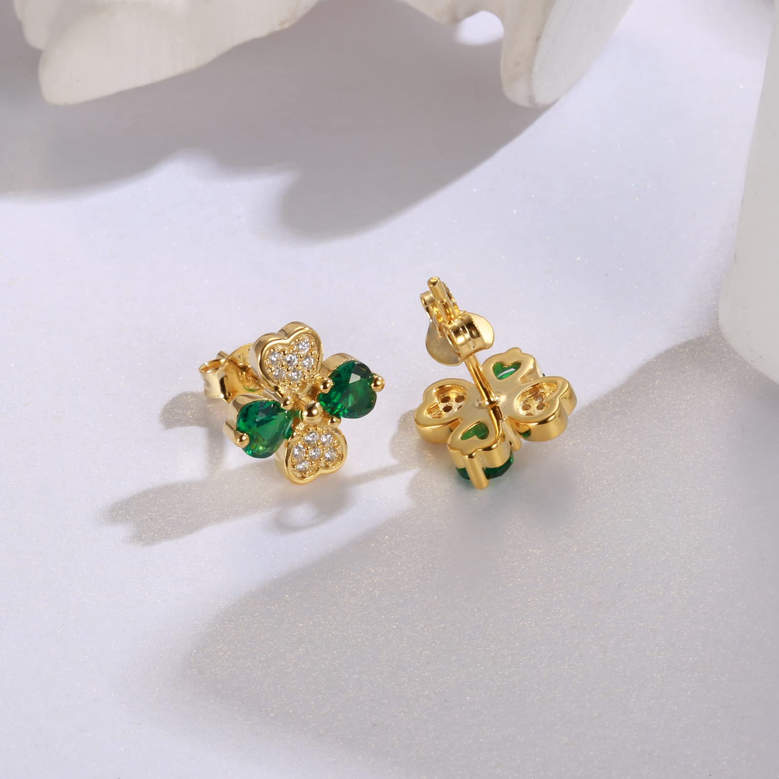 St Patricks Day Earrings Sterling Silver Four Leaf Clover Shamrock Irish Stud Earring Jewelry Gifts for Women Parade (Gold)