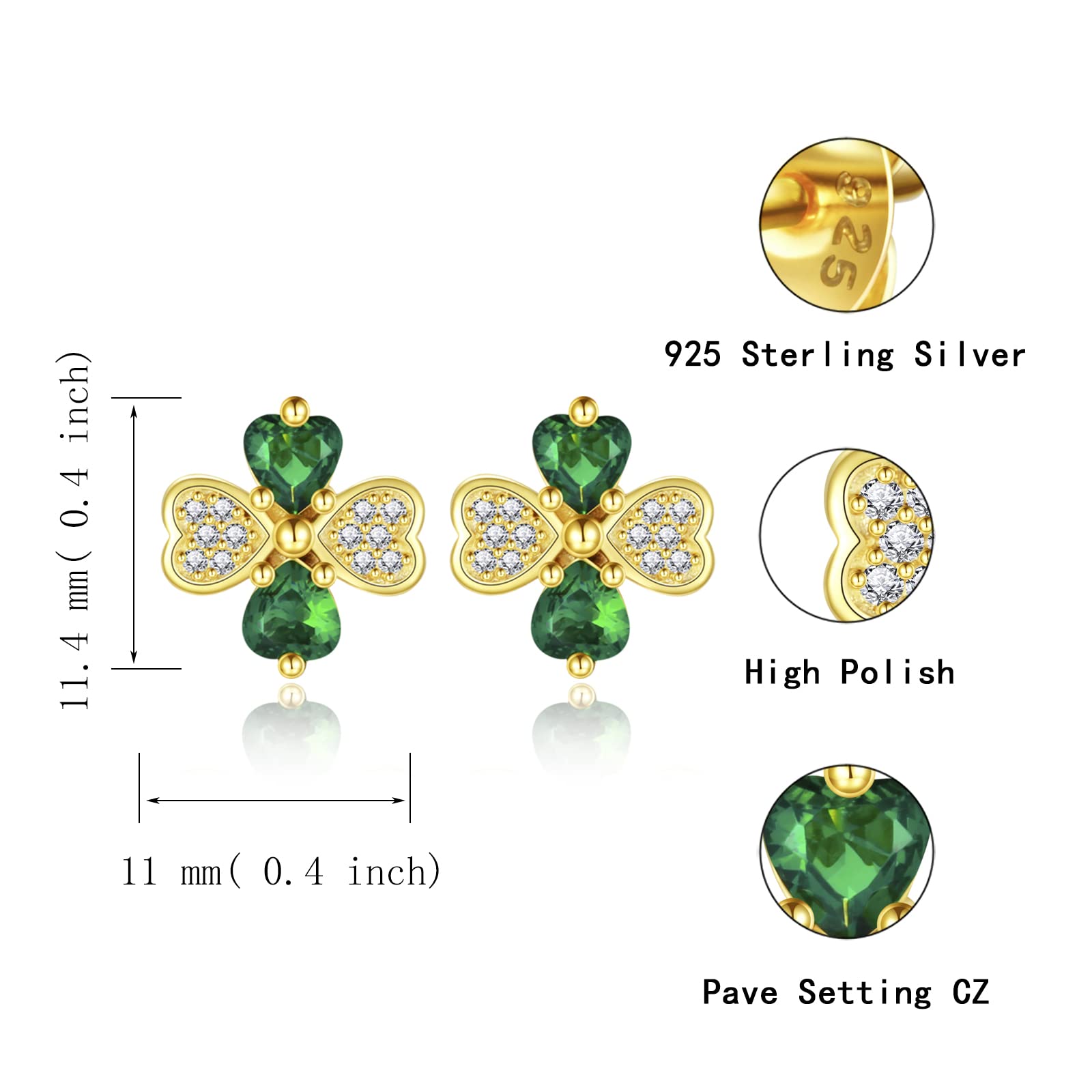 St Patricks Day Earrings Sterling Silver Four Leaf Clover Shamrock Irish Stud Earring Jewelry Gifts for Women Parade (Gold)