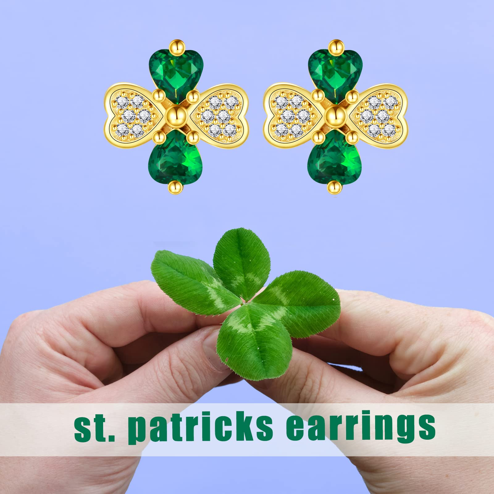 St Patricks Day Earrings Sterling Silver Four Leaf Clover Shamrock Irish Stud Earring Jewelry Gifts for Women Parade (Gold)