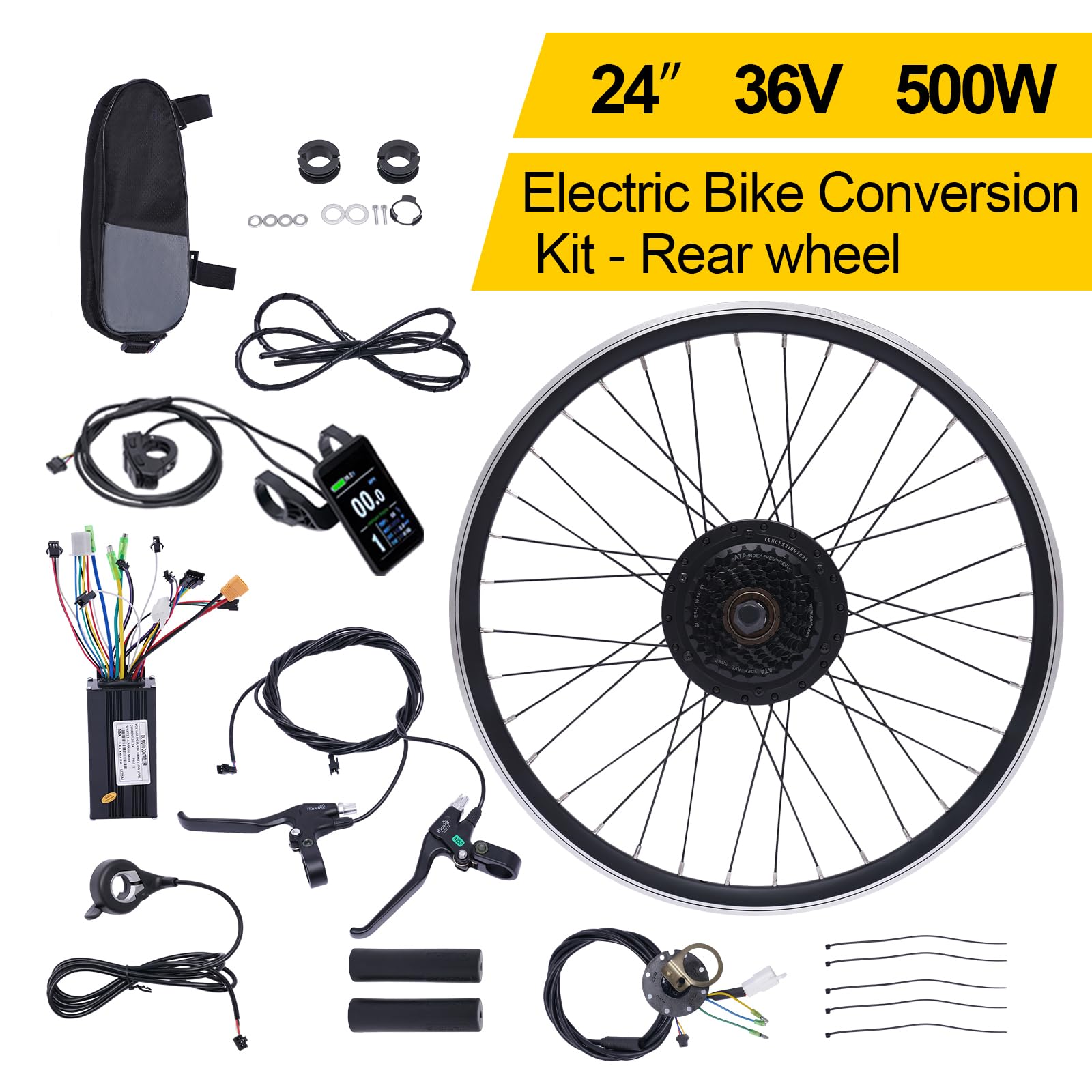 Electric Bicycle Motor Kit 36V 500W 24" Rear Wheel Bike Powerful E-Bike Replacement Set Conversion Kit E-Bike Cycling Hub Conversion Dual Controller with Throttles,5 Gears Adjustable