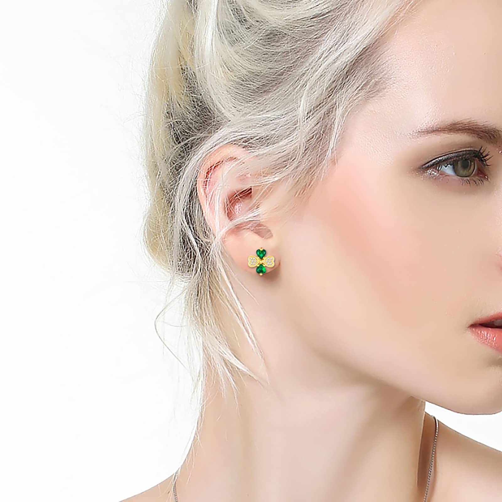 St Patricks Day Earrings Sterling Silver Four Leaf Clover Shamrock Irish Stud Earring Jewelry Gifts for Women Parade (Gold)